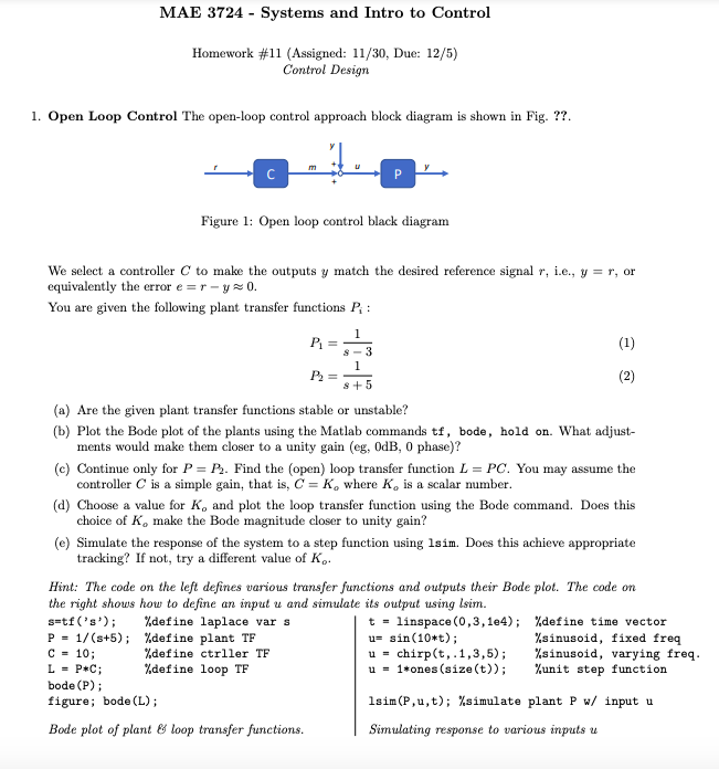 MAE 3724 - Systems and Intro to Control Homework #11 | Chegg.com