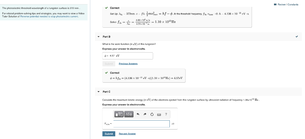 Solved I Review Constants Correct The photoclectric | Chegg.com