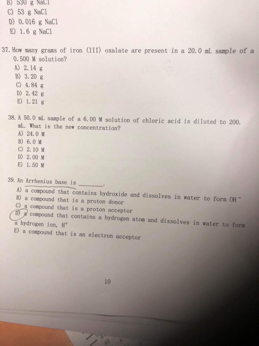 Solved B) 530 g NacT C) 53 g NaCl D) 0.016 g NaCl E) 1.6 g | Chegg.com