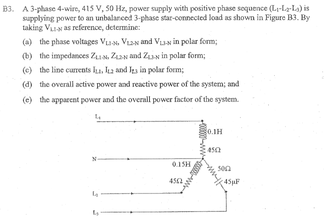Solved B3. A 3-phase 4-wire, 415 V, 50 Hz, power supply with | Chegg.com
