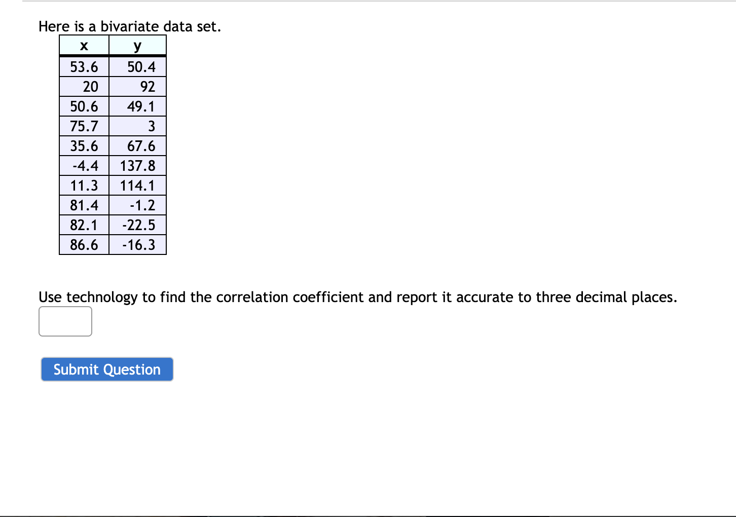 Solved Here is a bivariate data set.Use technology to find | Chegg.com