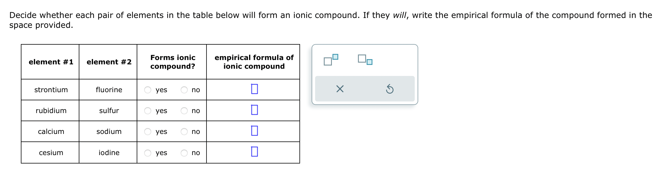 Solved Decide whether each pair of elements in the table | Chegg.com