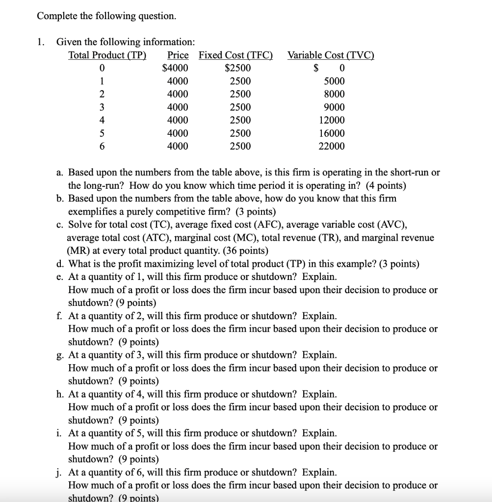 Solved Complete the following question. 1. Given the | Chegg.com