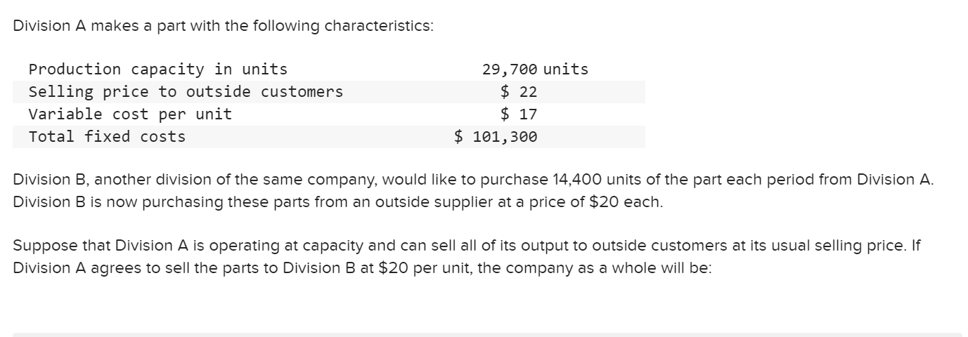 Solved Division A makes a part with the following | Chegg.com