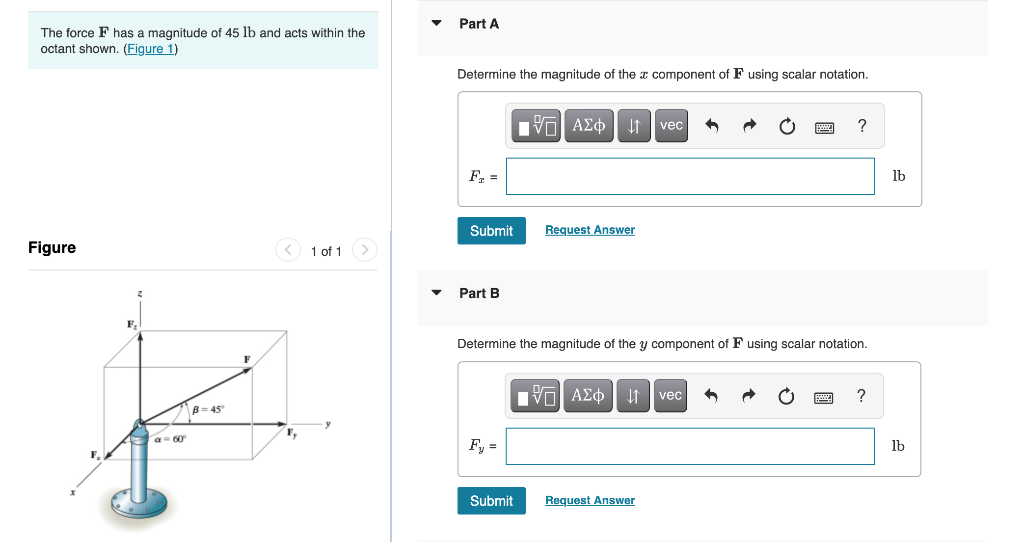 Solved The force F has a magnitude of 45lb and acts within | Chegg.com