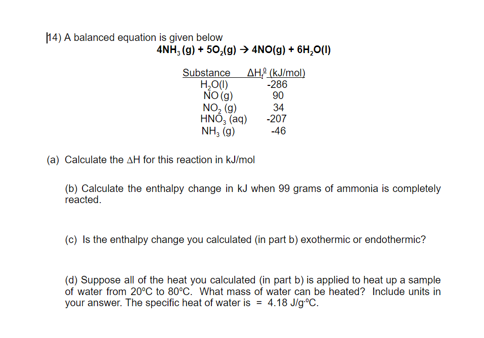 Solved 114) A balanced equation is given below 4NH3(g) + | Chegg.com