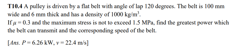 Solved T10.4 A pulley is driven by a flat belt with angle of | Chegg.com