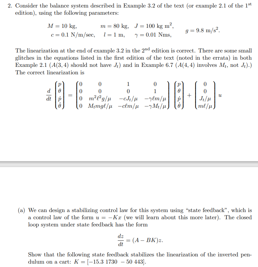 Solved 2. Consider the balance system described in Example | Chegg.com