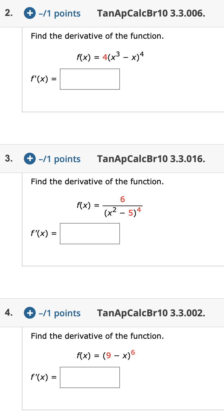 Solved 2. + -11 points TanApCalcBr10 3.3.006. Find the | Chegg.com Solved 2. + -11 points TanApCalcBr10 3.3.006. Find the | Chegg.com
