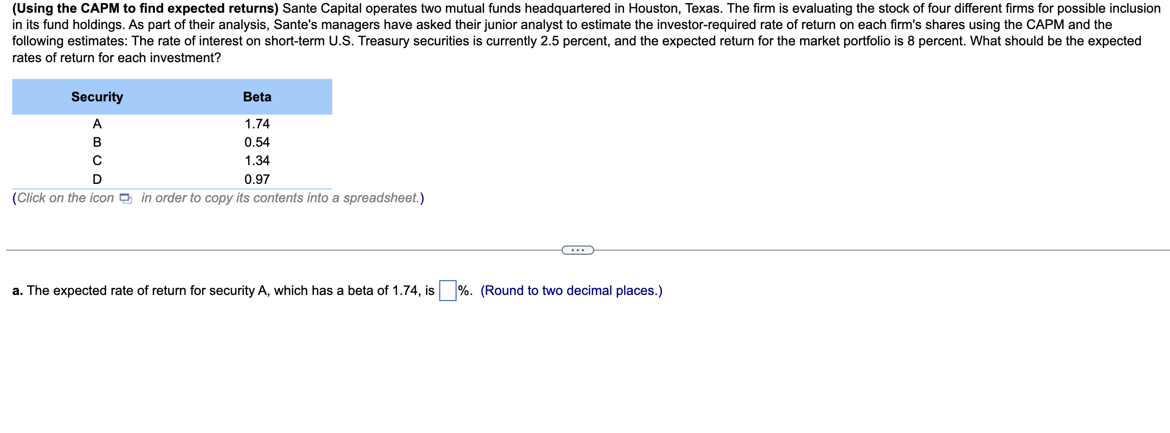 Solved (Using the CAPM to find expected returns) Sante | Chegg.com