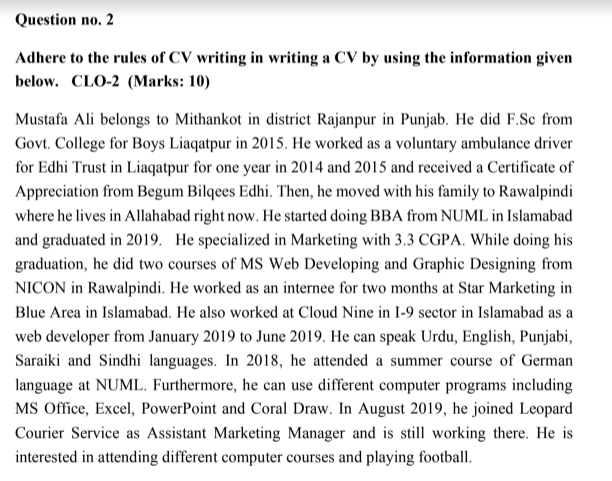 Solved Question no. 2 Adhere to the rules of CV writing in | Chegg.com