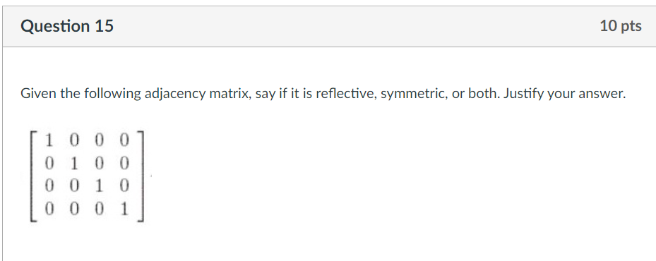 Solved Question 15 10 pts Given the following adjacency | Chegg.com