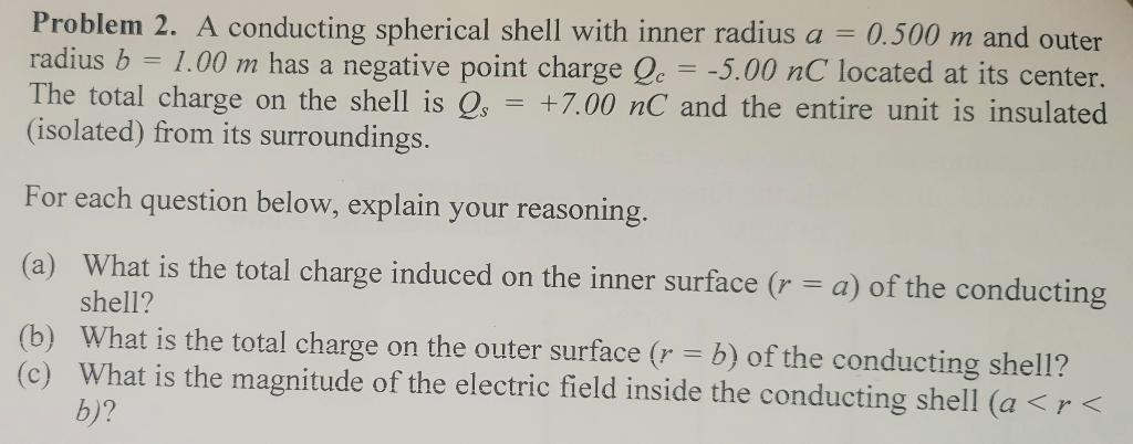 Solved Problem 2. A conducting spherical shell with inner | Chegg.com