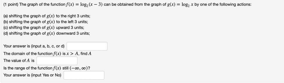 Solved (1 point) The graph of the function f(x)=log2(x−3) | Chegg.com