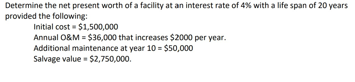 Solved Determine the net present worth of a facility at an | Chegg.com