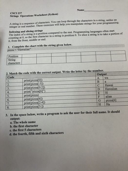 Solved Name Csci 237 Strings Operations Worksheet Python A