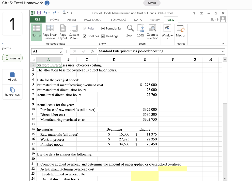 Solved Ch 15: Excel Homework Saved XDA Cost of Goods | Chegg.com