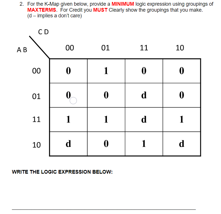 Solved 2. For the K-Map given below, provide a MINIMUM logic | Chegg.com