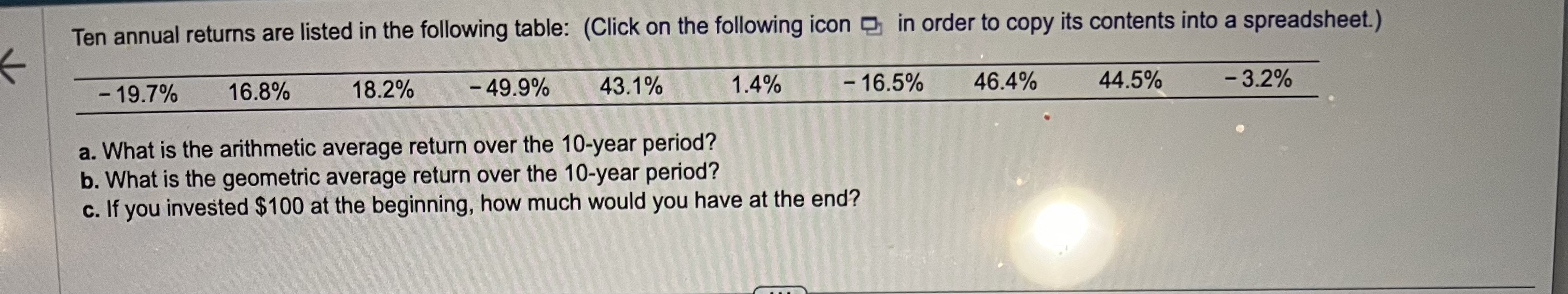 a. What is the arithmetic average return over the 10 | Chegg.com