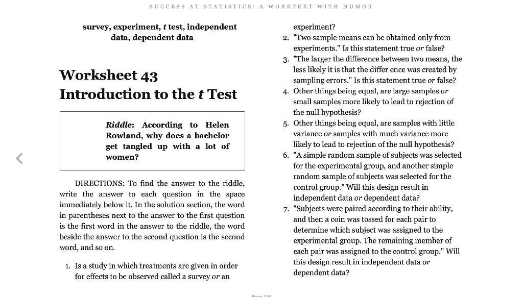 Solved SUCCESS AT STATISTICS: A WORKTEXT WITH HUMOR survey, | Chegg.com