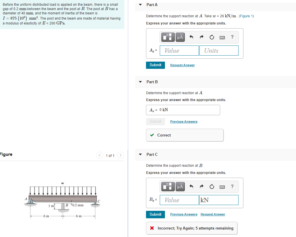 Solved Part A Before the uniform distributed load is applied | Chegg.com