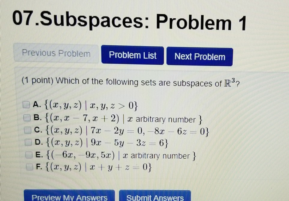 Solved 07subspaces Problem 1 Previous Problem Problem List
