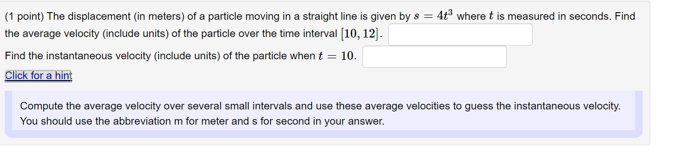 Solved (1 point) The displacement (in meters) of a particle | Chegg.com