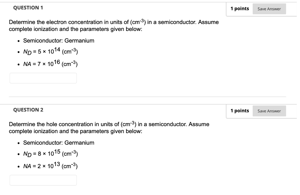 Solved Determine the electron concentration in units of | Chegg.com