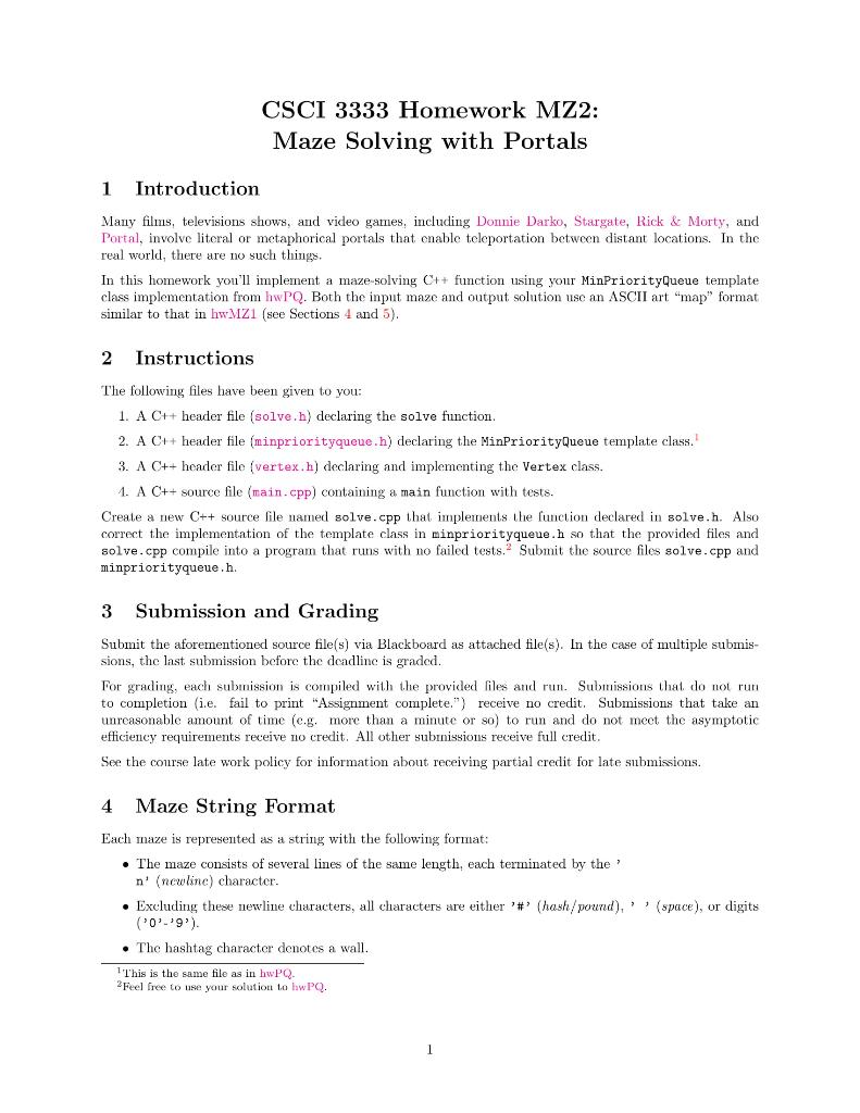 CSCI 3333 Homework MZ2: Maze Solving with Portals 1 | Chegg.com
