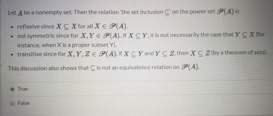 Solved Let A be a nonempty set. Then the relation the set | Chegg.com