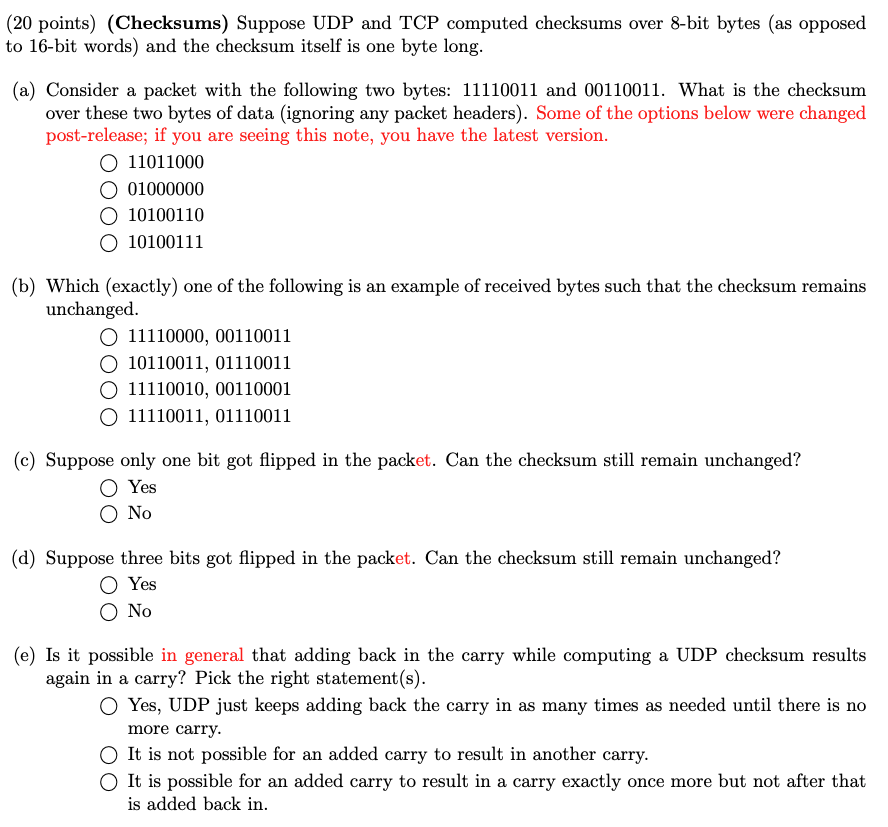 Solved (20 points) (Checksums) Suppose UDP and TCP computed | Chegg.com