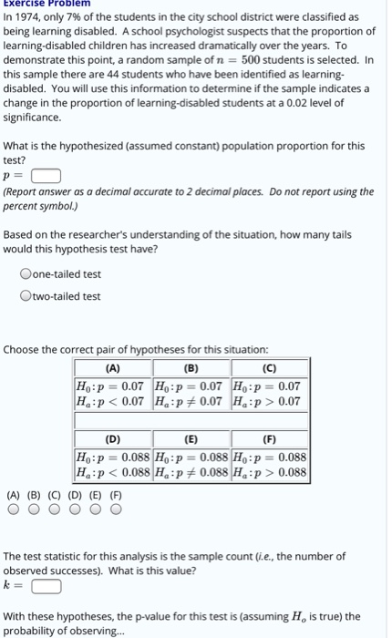 Solved Exercise Problem In 1974, only 7% of the students in | Chegg.com