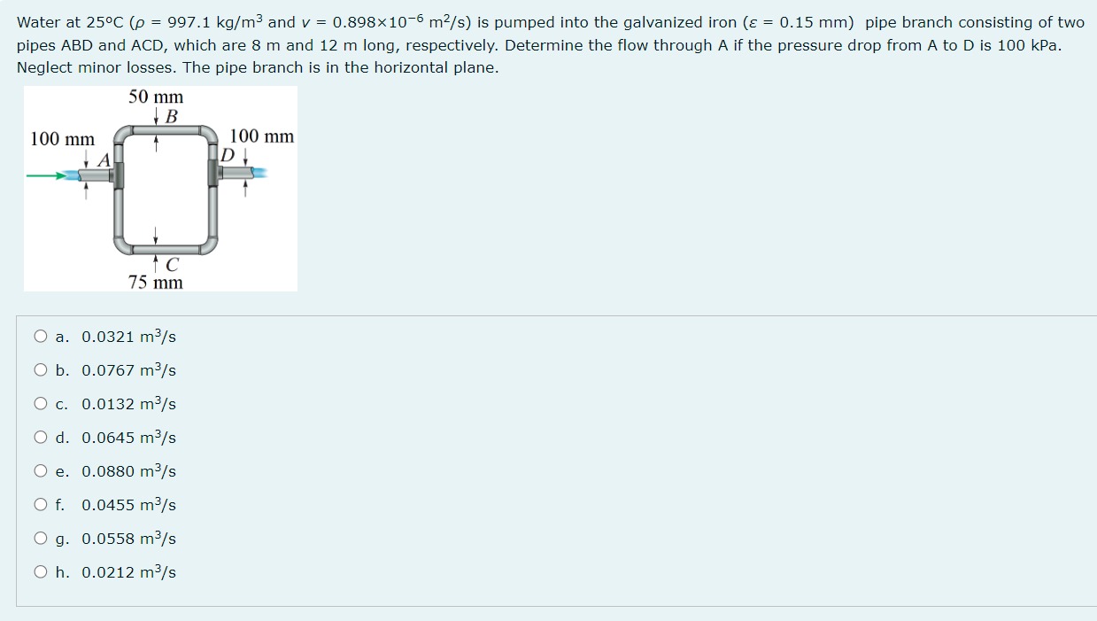 Solved Water at 25∘C(ρ=997.1 kg/m3 and v=0.898×10−6 m2/s) is | Chegg.com