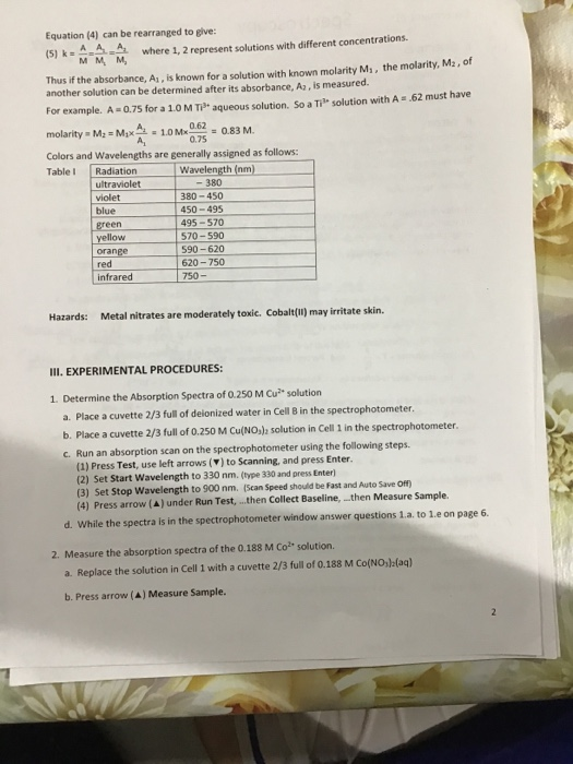 Experiment 21 Spectroscopy Nameil I. OBJECTIVES 1. To | Chegg.com
