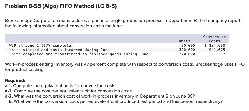 Solved Problem 8-58 (Algo) FIFO Method (LO 8-5) Breckenridge | Chegg.com