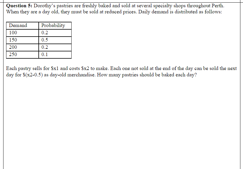Solved Question 5: Dorothy's pastries are freshly baked and | Chegg.com