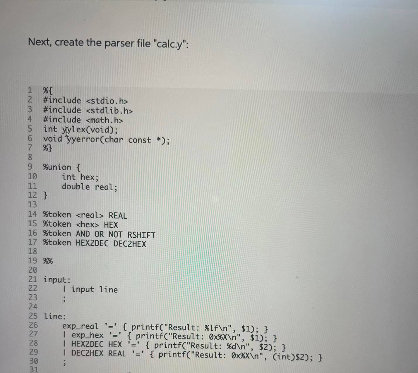 Solved %{ \#include \#include "calc.tab.h" %3 %% [0−9]+{ | Chegg.com