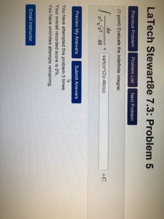 Solved Latech Stewart8e 73 Problem 5 Previous Problem 