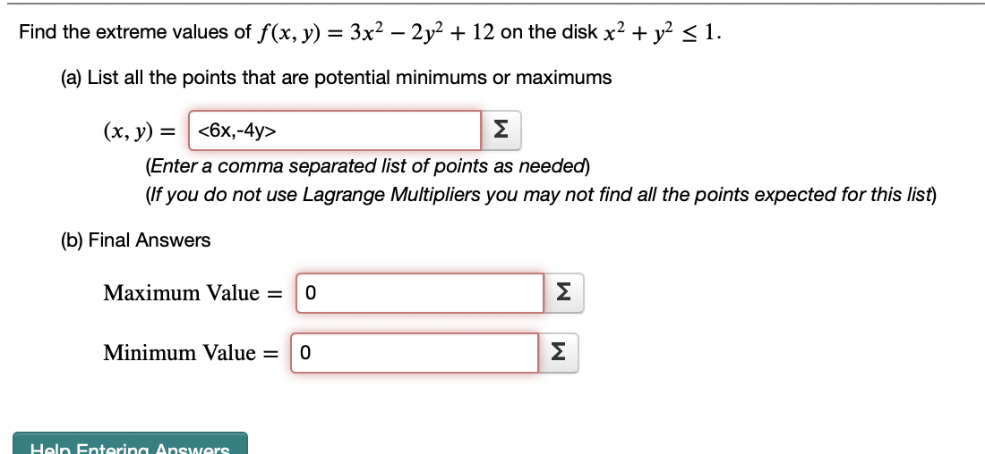 Solved Find the extreme values of f(x,y)=3x2-2y2+12 ﻿on the | Chegg.com
