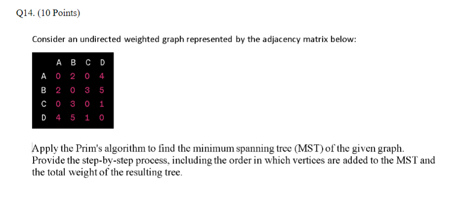 Solved Q14. (10 ﻿Points)Consider an undirected weighted | Chegg.com