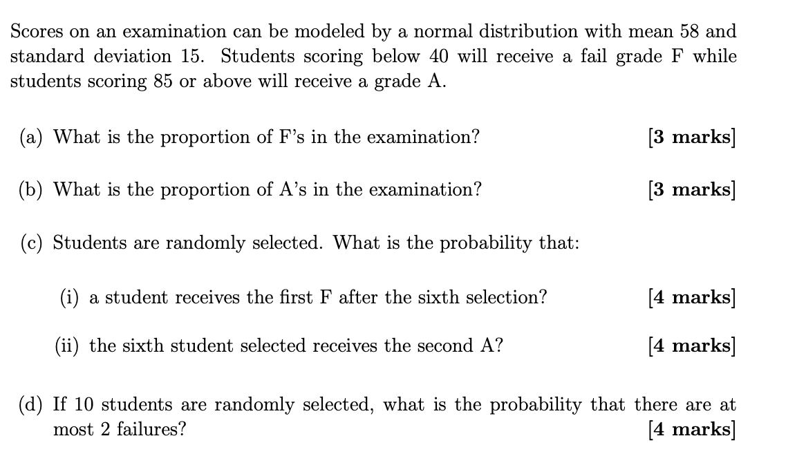 Solved Scores on an examination can be modeled by a normal | Chegg.com