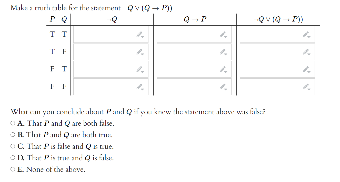Solved Make a truth table for the statement ¬Q∨(Q→P)) What | Chegg.com