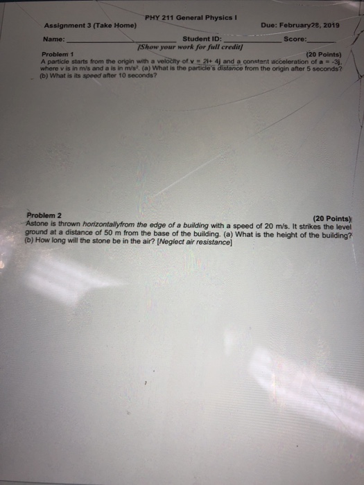 Solved PHY 211 General Physics I Assignment 3 (Take Home) | Chegg.com