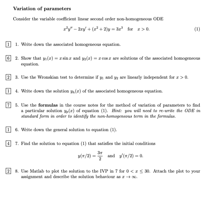 Solved Variation of parameters Consider the variable | Chegg.com