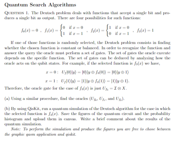 { 9 Quantum Search Algorithms QUESTION 1. The Deutsch | Chegg.com