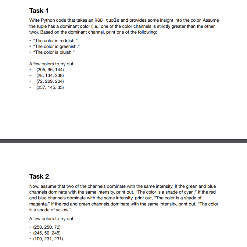 Solved Task 1 Write Python code that takes an RGB tuple and | Chegg.com