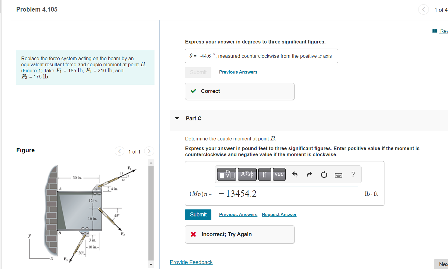 [Solved]: Problem 4.105 Replace the force system acting on