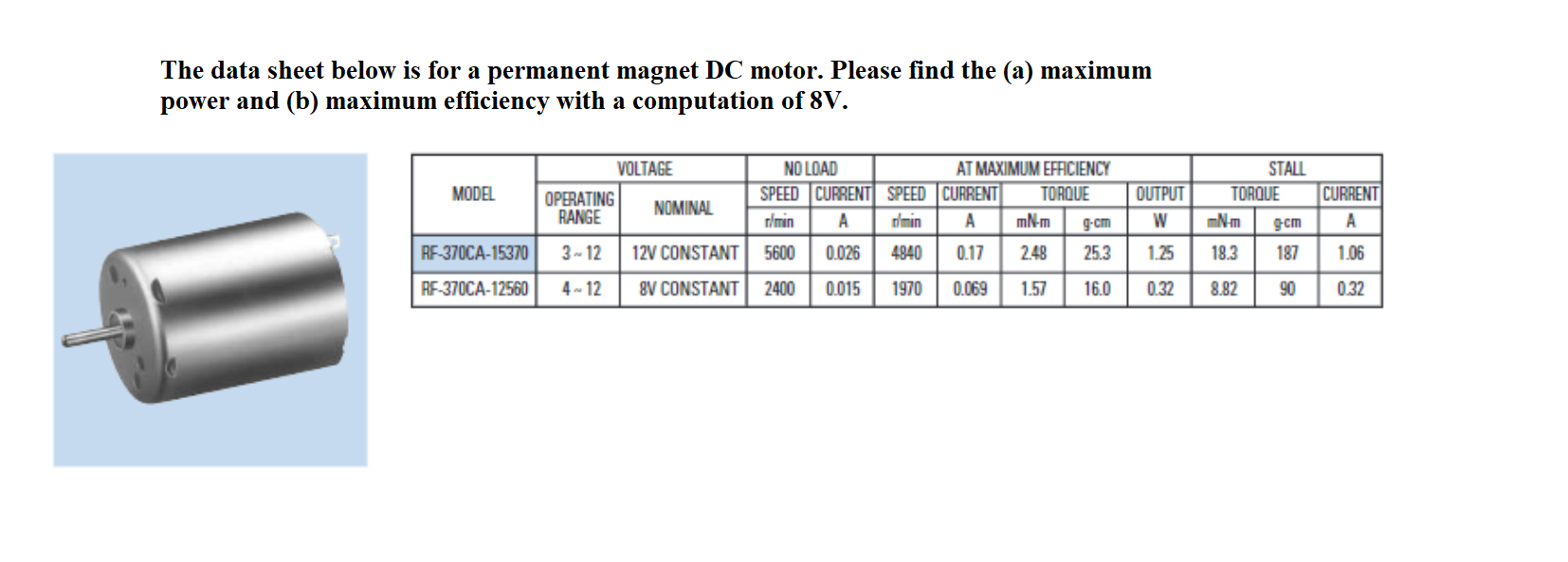 The data sheet below is for a permanent magnet DC | Chegg.com