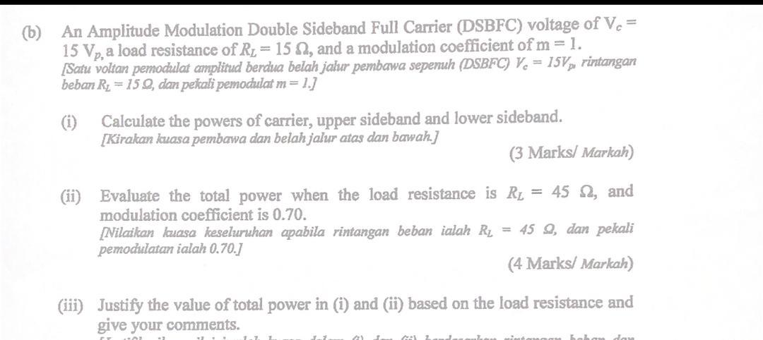 Solved (b) An Amplitude Modulation Double Sideband Full | Chegg.com