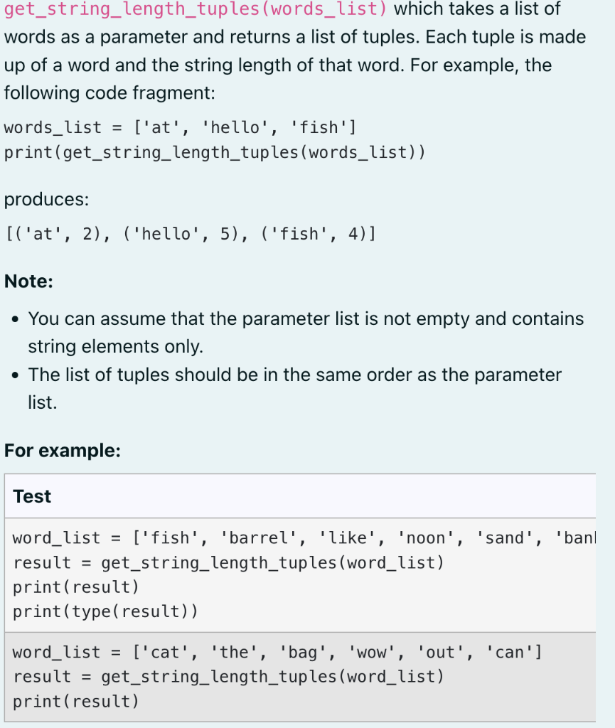 Solved get_string_length_tuples(words_list) which takes a | Chegg.com